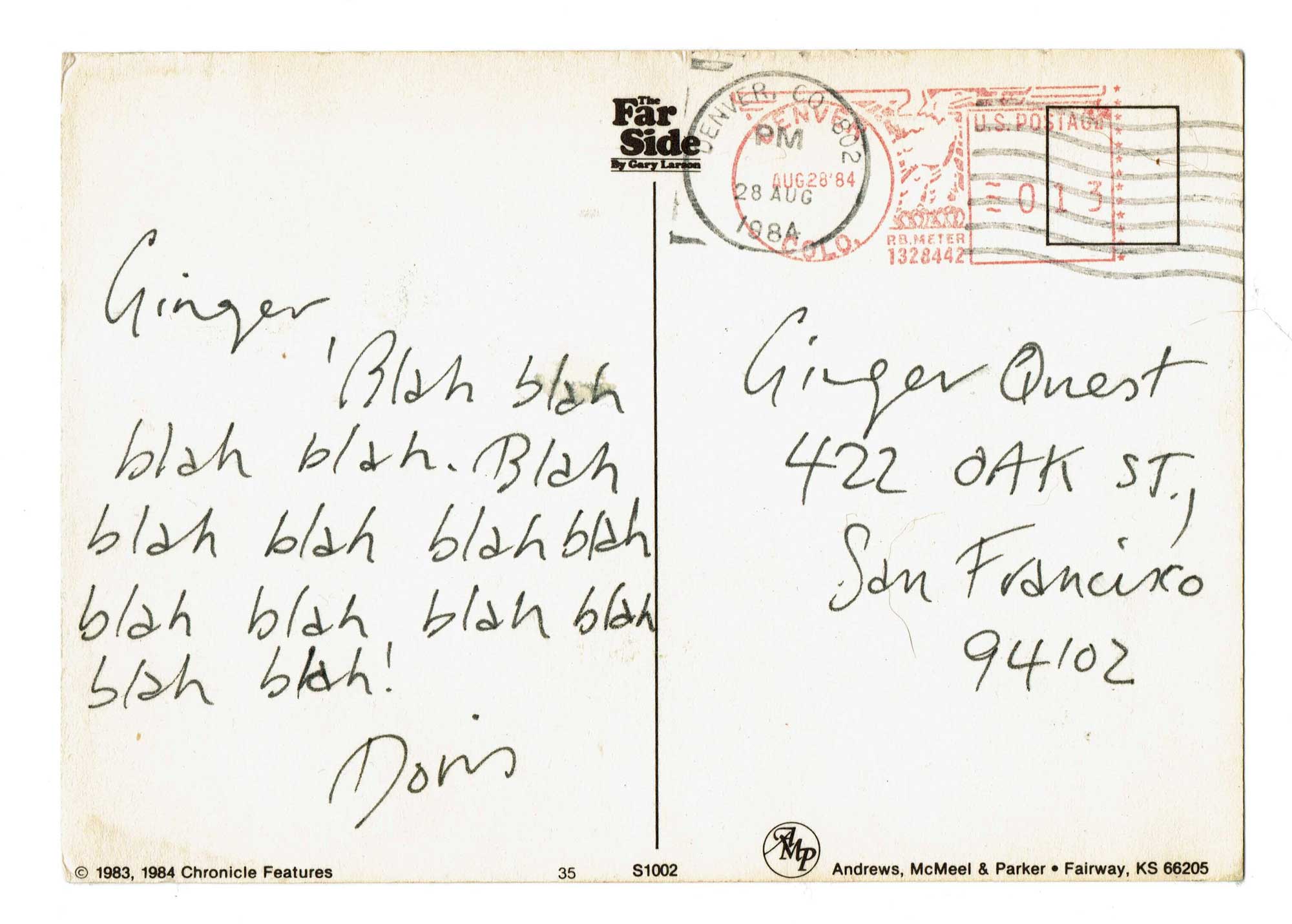 A Postcard from Doris to Ginger 1984 - Doris Fish Forever